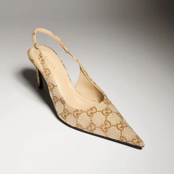 Gucci Donna Crystal Slingback Pump Gg Canvas