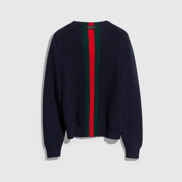 Gucci Fine Rib Wool Sweater With Web - Blue
