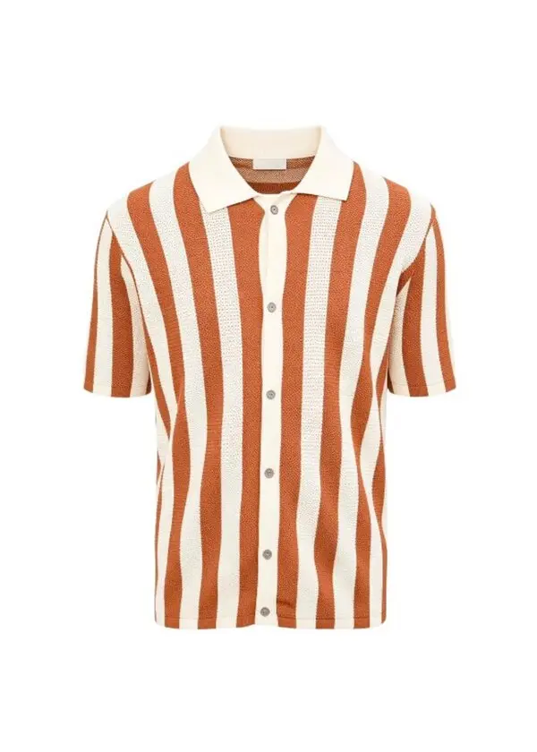 VAYLA Neutrals / Textured Fine-knit Vertical Stripe Polo Shirt Beige & Mocha - Brown