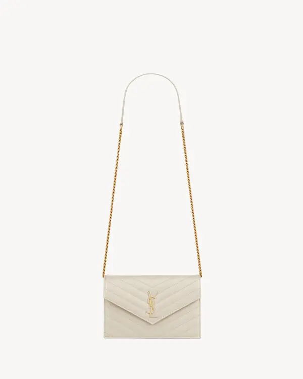 Saint Laurent Cassandre Envelope Chain Wallet In Grain De Poudre Leather - White