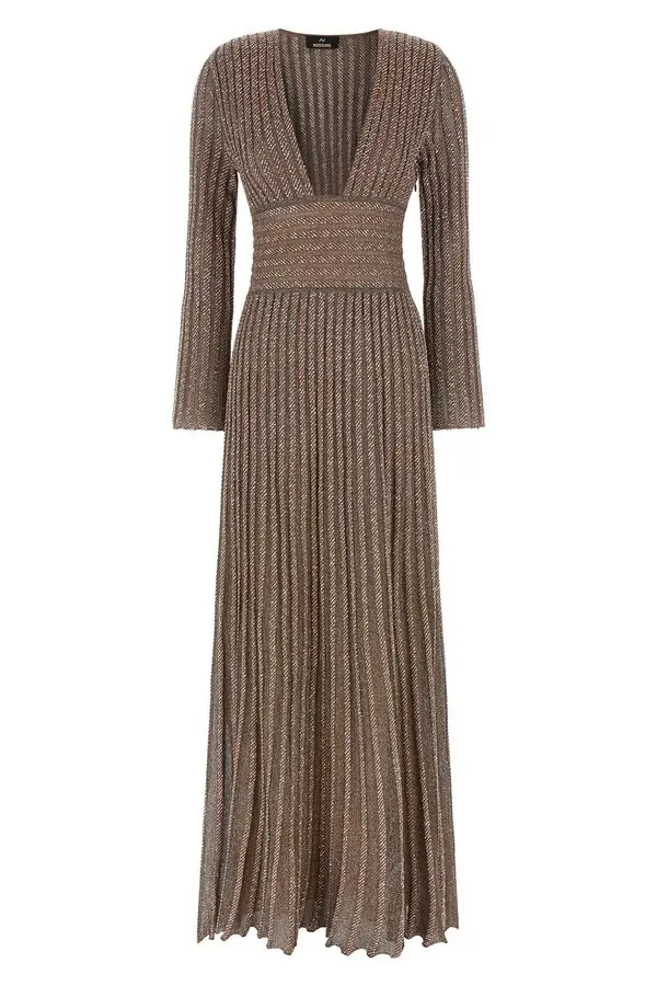 Missoni Knitted Metallic Long Sleeve Plissé Gown