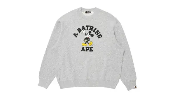 A BATHING APE X Disney Mickey Mouse College Relaxed Fit Crewneck Sweatshirt - Gray
