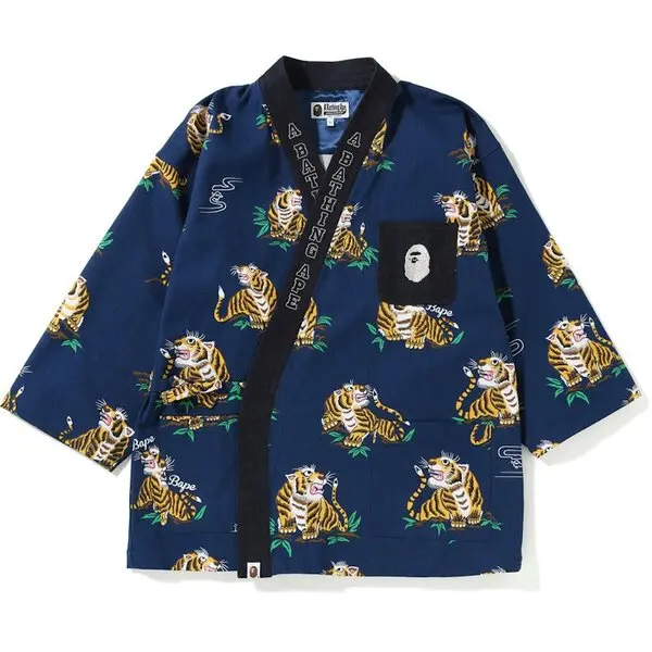 A BATHING APE Tiger Pattern Kimono Shirt - Navy Blue