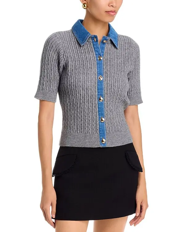 Aqua Rosie Denim Contrast Cable Knit Cardigan Sweater Exclusive - Heather Grey