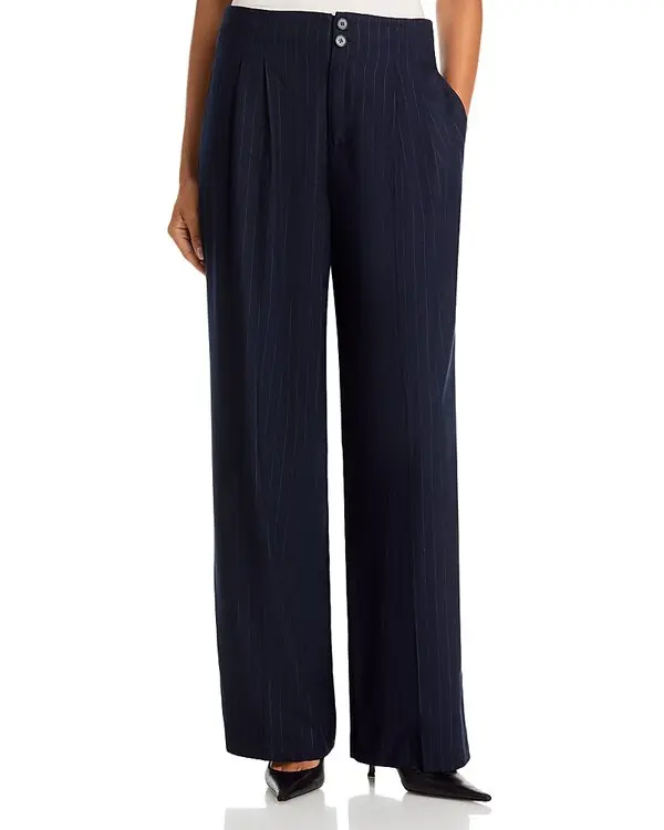Aqua High Rise Pleated Wide Leg Pants Exclusive - Navy Pinstripe