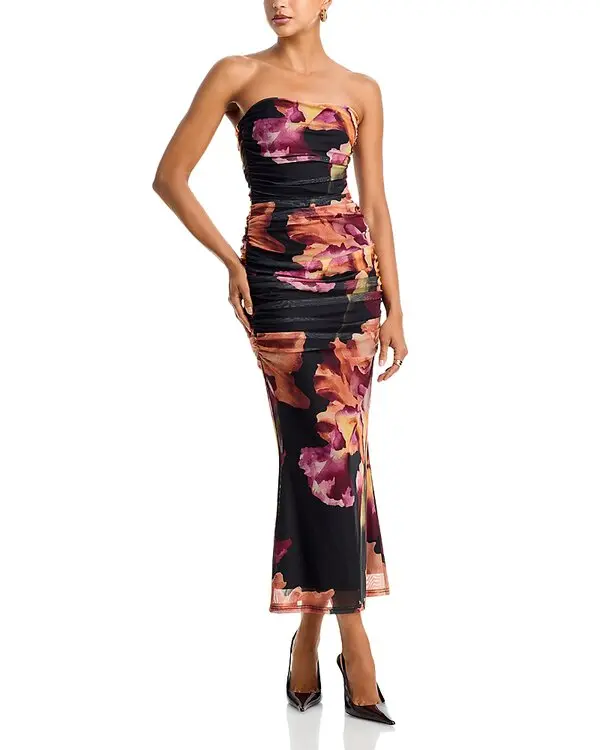 Aqua Placed Floral Mesh Strapless Maxi Dress - Black Multi
