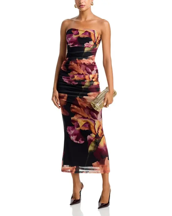 Aqua Placed Floral Mesh Strapless Maxi Dress