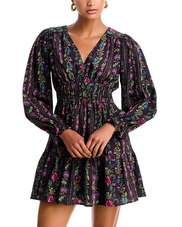 Aqua Floral Stripe V-neck Smocked Mini Dress