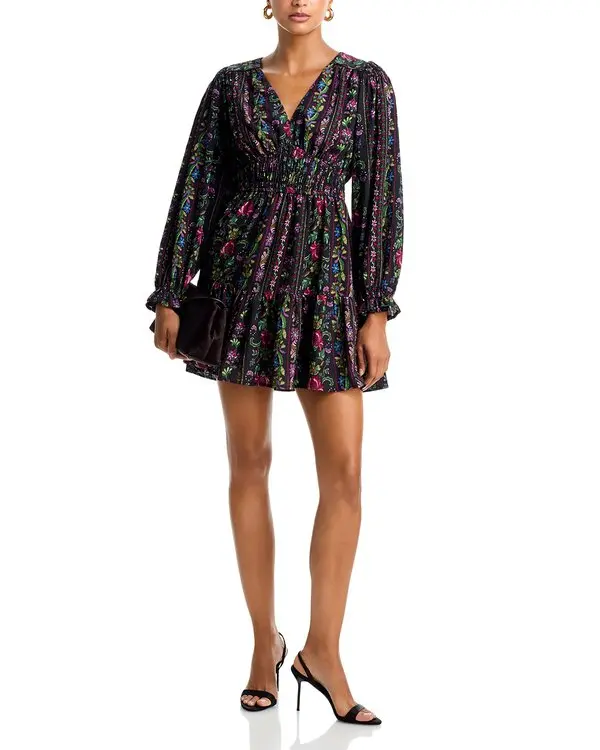 Aqua Floral Stripe V-neck Smocked Mini Dress