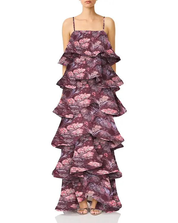ELLIATT Rosaria Printed Ruffle Tiered Gown - Plum Multi