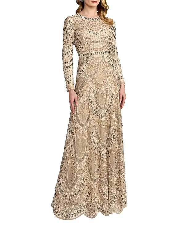 Mac Duggal Long Sleeve Beaded A-line Gown - Beige