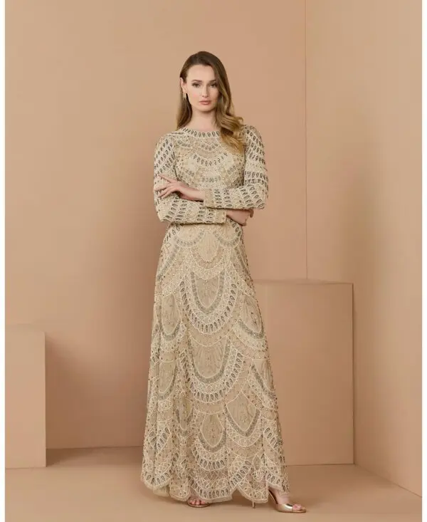 Mac Duggal Long Sleeve Beaded A-line Gown