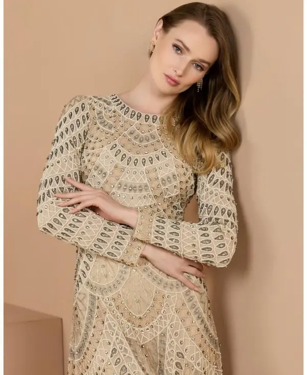 Mac Duggal Long Sleeve Beaded A-line Gown