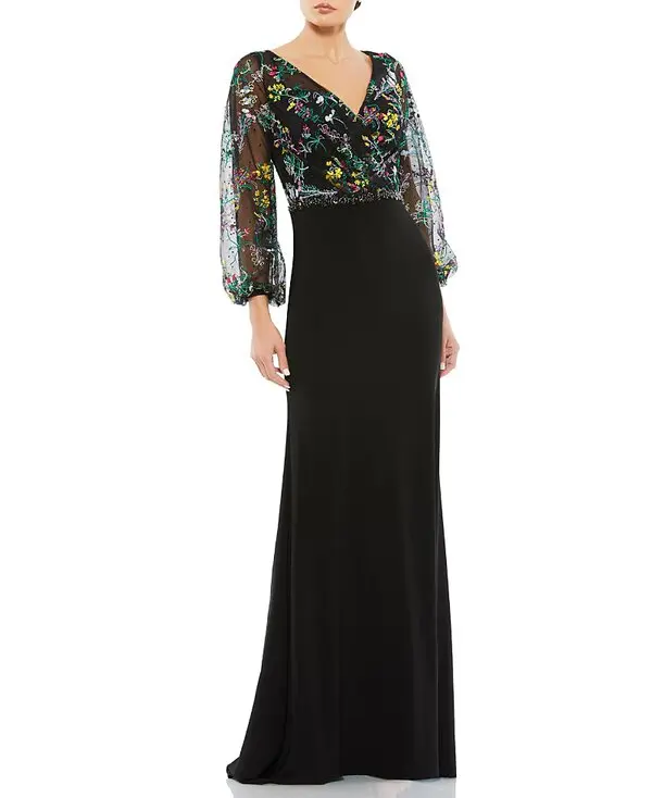 Mac Duggal Embroidered Illusion Puff Sleeve Gown