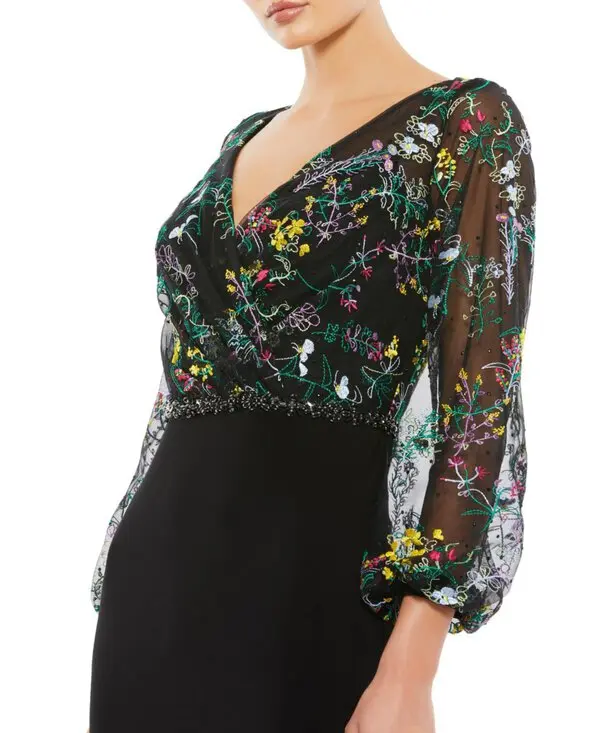 Mac Duggal Embroidered Illusion Puff Sleeve Gown