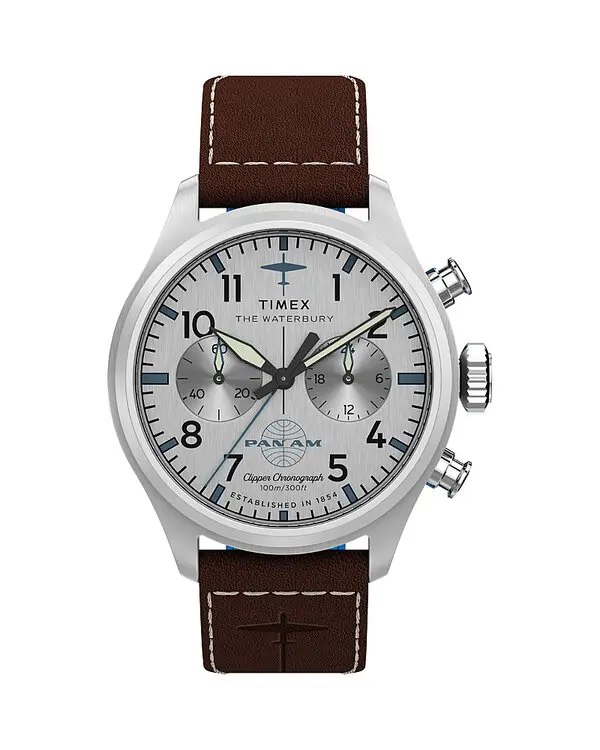 TIMEX X Pan Am Waterbury Ace Chronograph Leather Strap Watch, 41mm - Brown