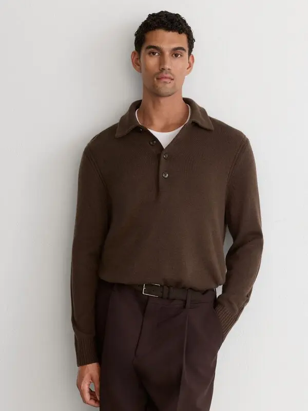 REISS County Wool-blend Polo Jumper With Cashmere - Soft Brown