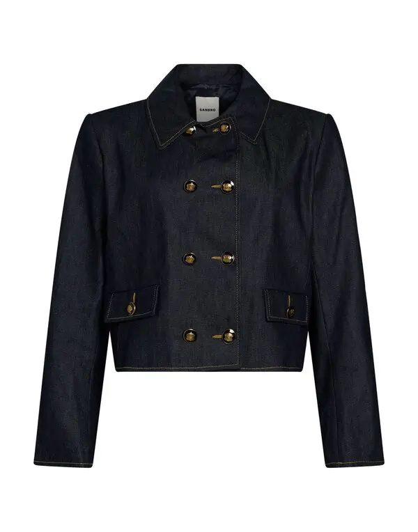 Sandro Cropped Denim Jacket With Button Embellishments