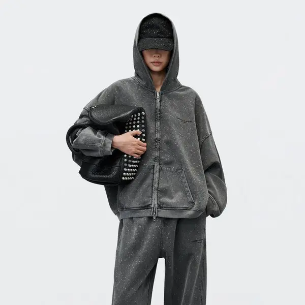 Alexander Wang All-over Crystal Oversized Zip Up Hoodie - Washed Asphalt
