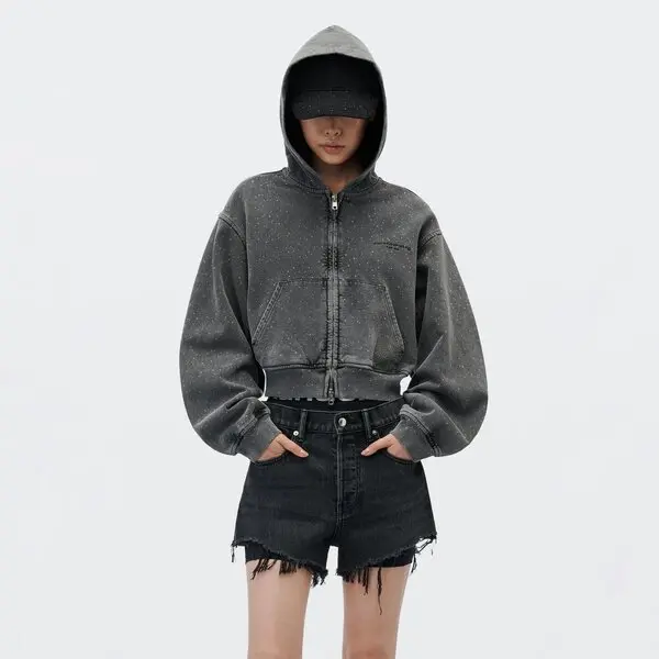 Alexander Wang Crystal Hotfix Zip Up Hoodie - Washed Asphalt