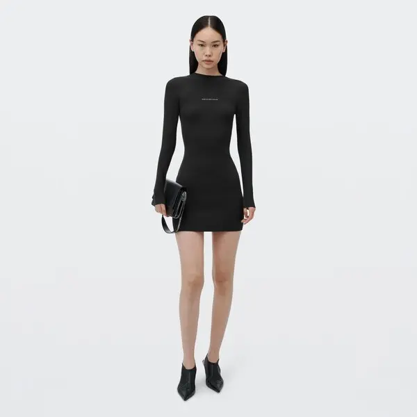 Alexander Wang Textured Logo Long Sleeve Crewneck Dress - Black