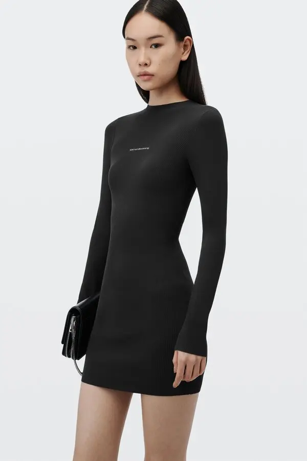 Alexander Wang Textured Logo Long Sleeve Crewneck Dress