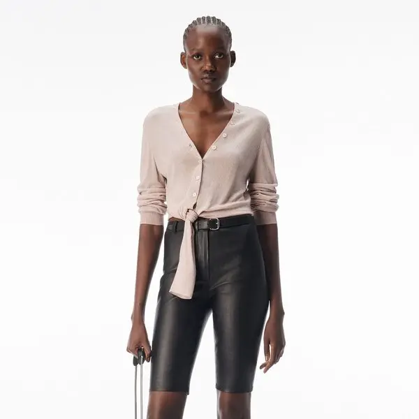 Alexander Wang Crystal Hotfix Knotted Deep V-neck Cardigan - Nude