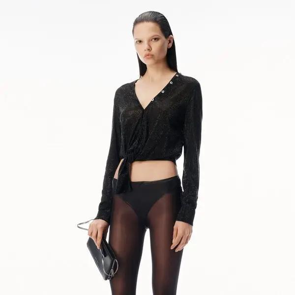 Alexander Wang Crystal Hotfix Knotted Deep V-neck Cardigan - Black