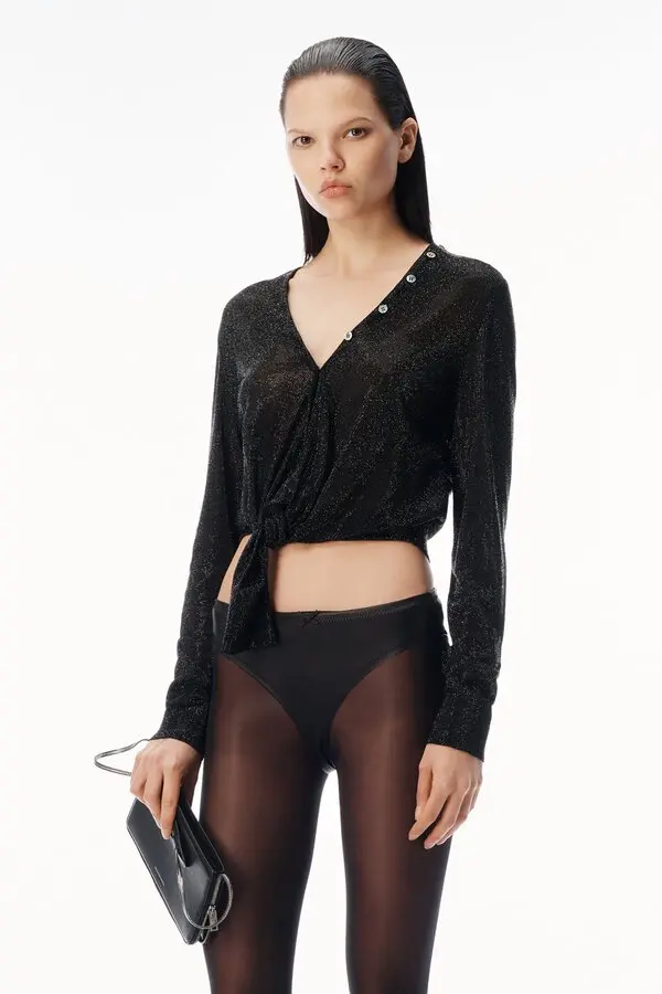 Alexander Wang Crystal Hotfix Knotted Deep V-neck Cardigan