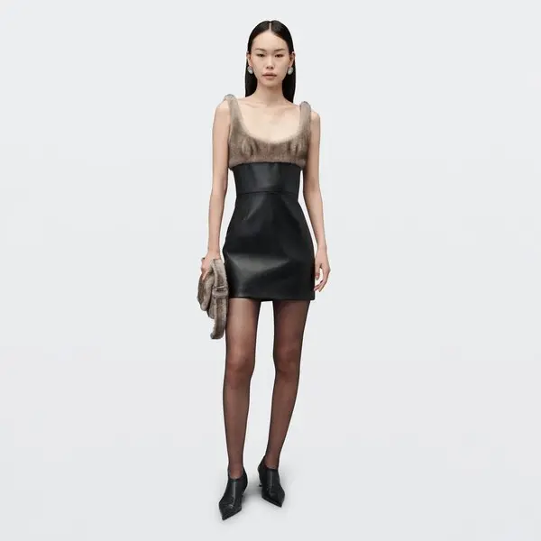 Alexander Wang Leather Dress With Faux Fur Bodice - Black/grey