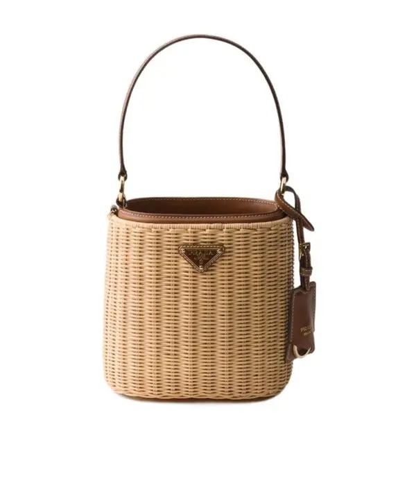 Prada Wicker And Leather Bucket Bag - Beige/cognac