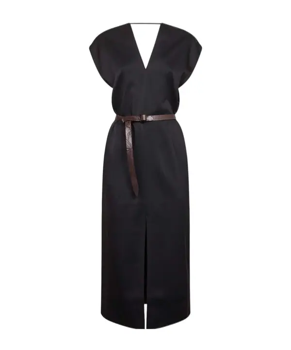 Brunello Cucinelli Belted V-neck Maxi Dress - Black