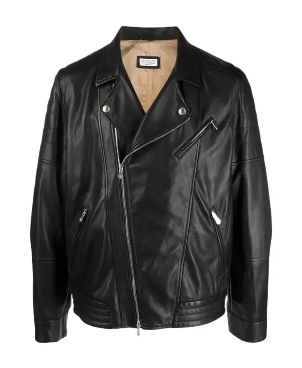 Brunello Cucinelli Leather Biker Jacket With Logo Zipper - Black