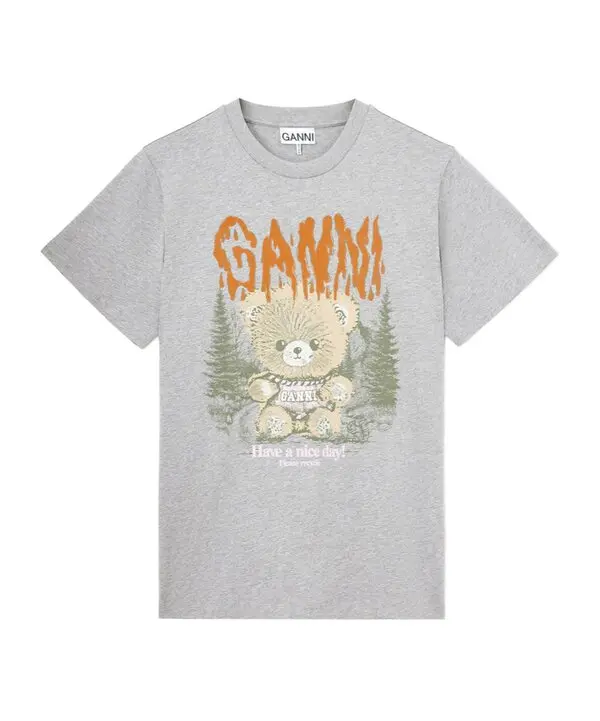 GANNI T-shirt With Forest Teddy - Grey