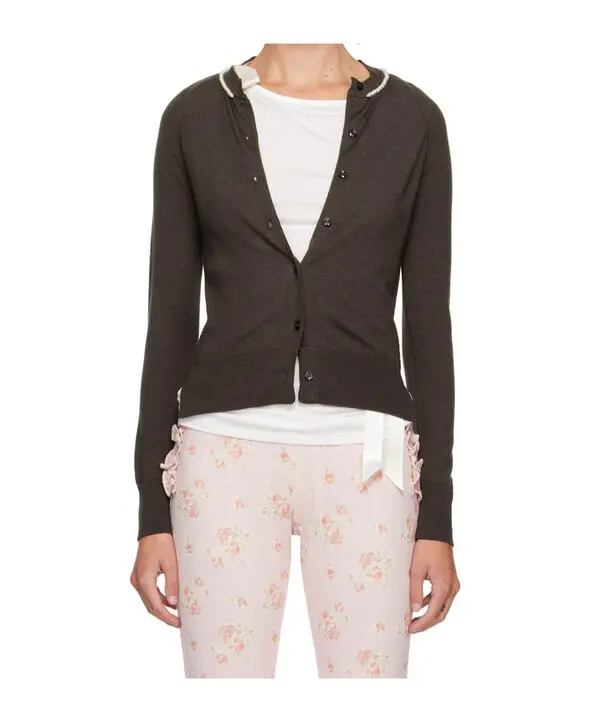 Simone Rocha Long-sleeve Open-front Knit Cardigan With Pearl Trim - Brown