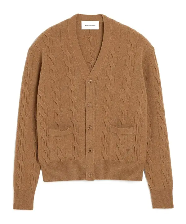 AMI Paris Brown Cable Wool Cardigan - Camel