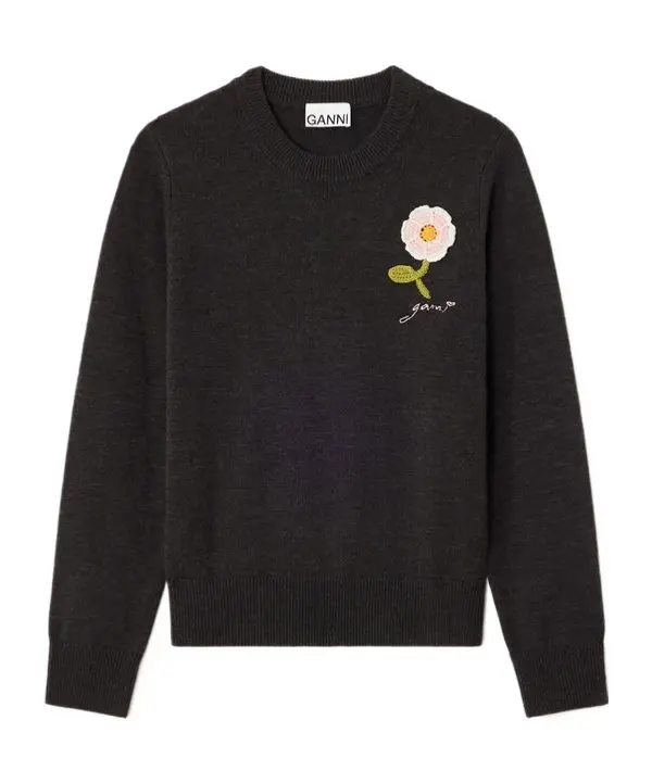 GANNI Jumper With Crochet Flower - Phantom Black