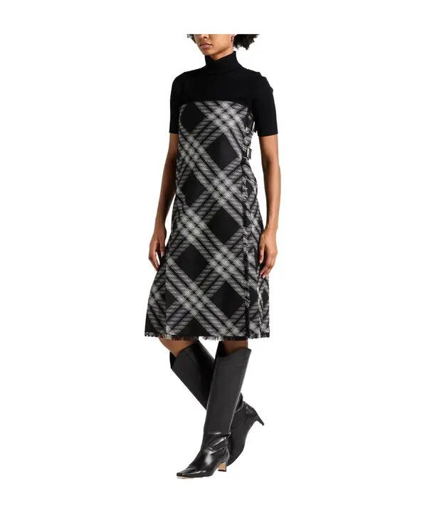 Burberry Plaid Wool Sleeveless Dress With Leather Trim