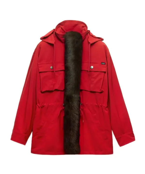 Prada Technical Fabric Parka With Shearling Trim - Red