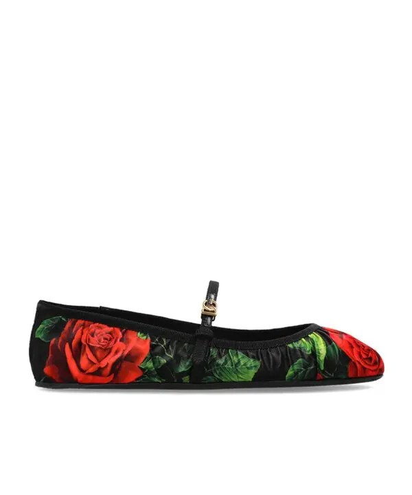 Dolce & Gabbana Rose-print Satin Ballet Flats - Black