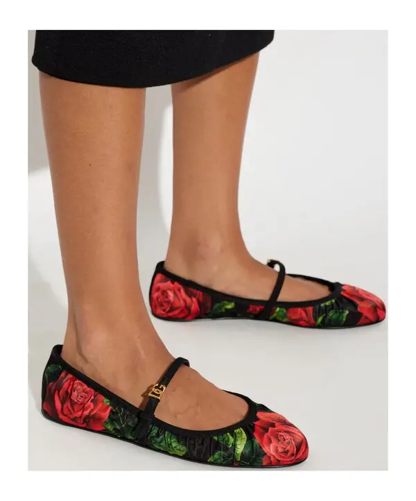 Dolce & Gabbana Rose-print Satin Ballet Flats