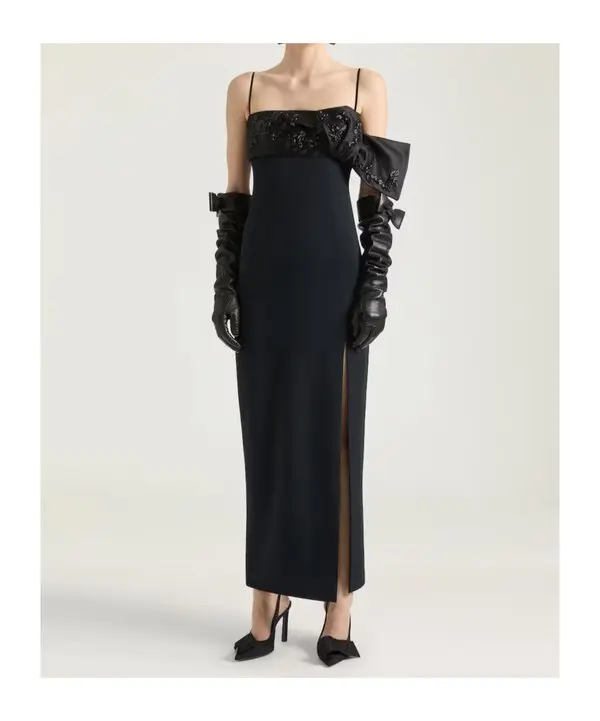 Givenchy Sliced Long Dress In Crepe Cady With Embroidered Bow