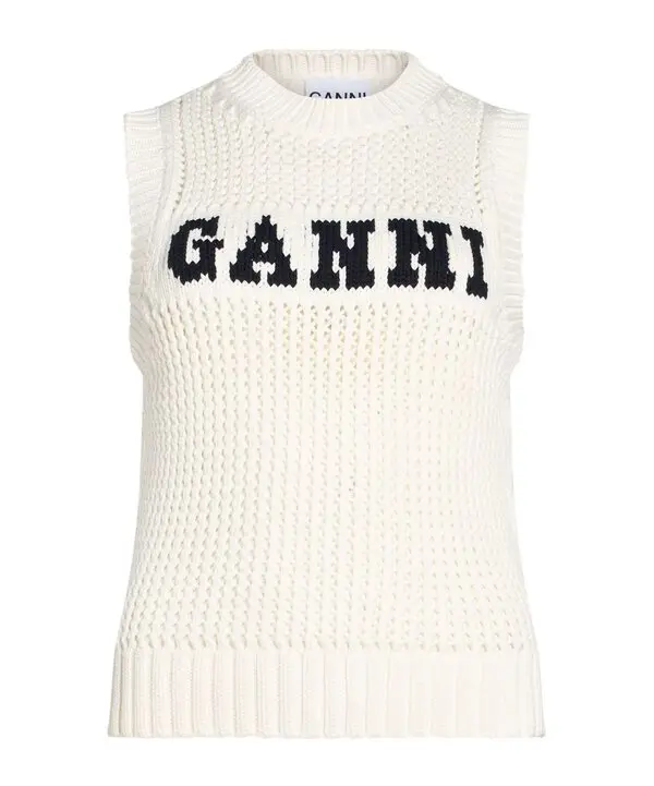 GANNI Sleeveless Knit Top With Embroidered Logo