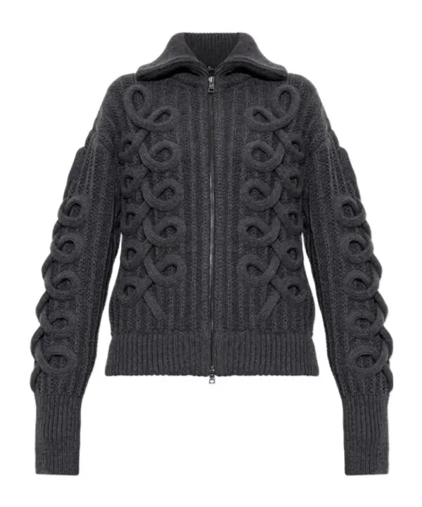 Etro Ribbed Wool-blend Cardigan With Zip And Woven Detailing - Grey