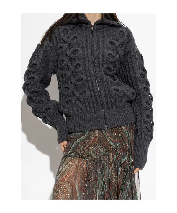 Etro Ribbed Wool-blend Cardigan With Zip And Woven Detailing
