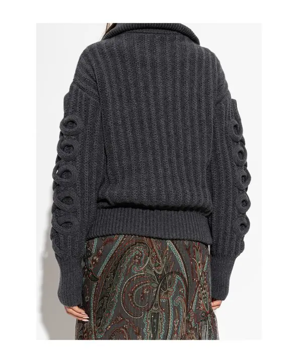 Etro Ribbed Wool-blend Cardigan With Zip And Woven Detailing