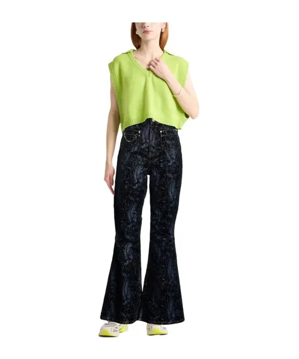 GANNI Dark Denim Wide-leg Pants With Velvet Detailing