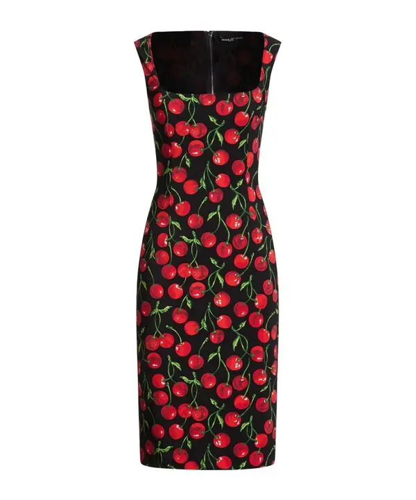 Dolce & Gabbana Sleeveless Square Neck Cherry Print Bodycon Dress - Black