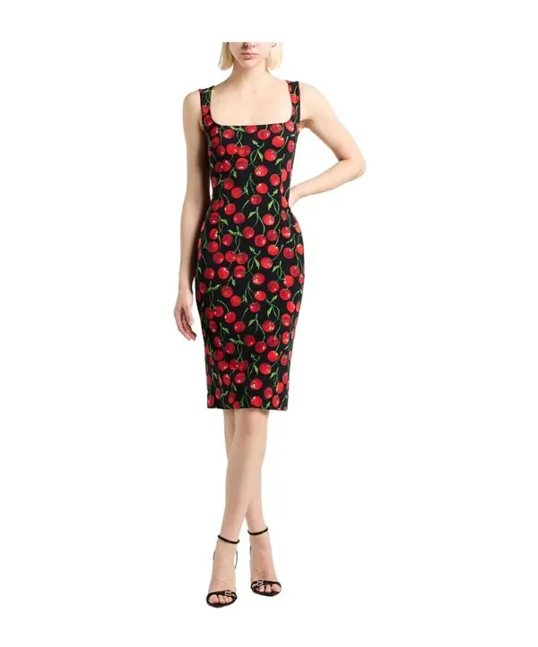 Dolce & Gabbana Sleeveless Square Neck Cherry Print Bodycon Dress