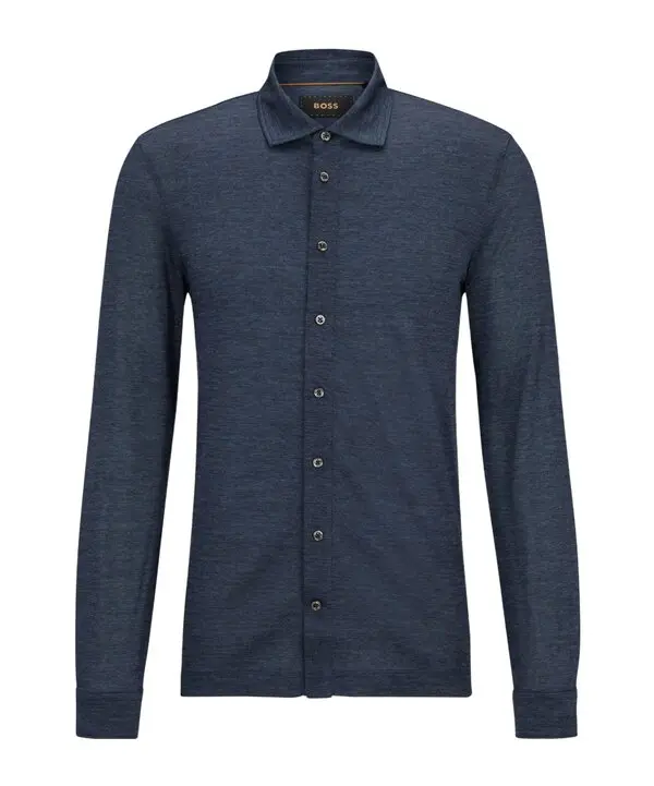Hugo Boss Heathered Navy Collared Longsleeve Knit Shirt - Blue